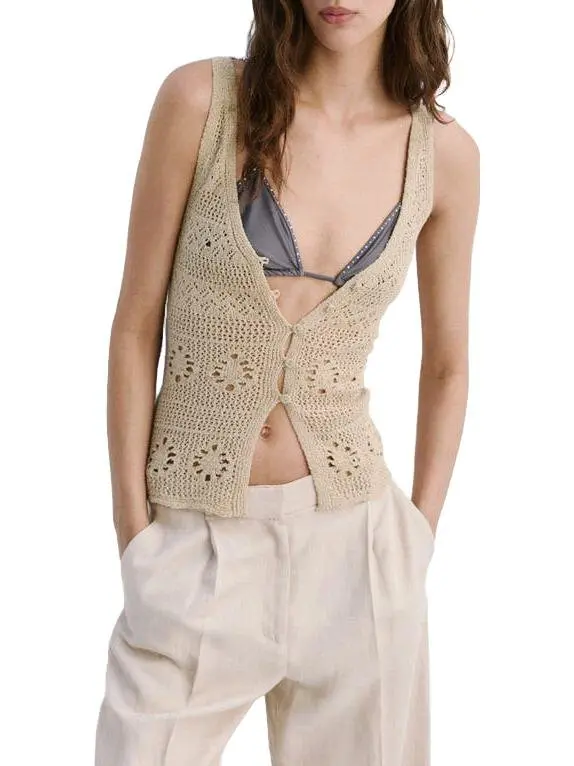 Mango Crocheted Button-front Sleeveless Vest - Sand