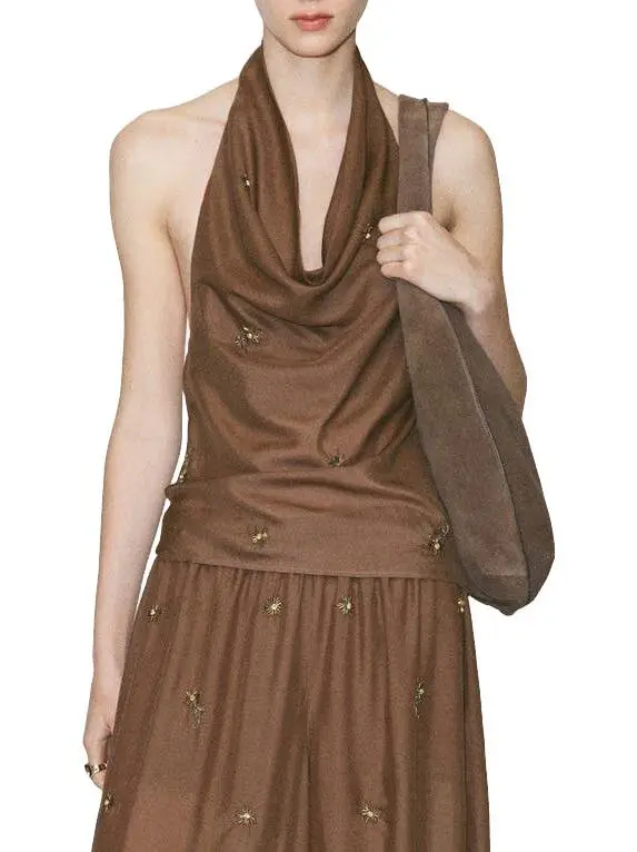 Mango Embellished Halter Neck Top - Brown