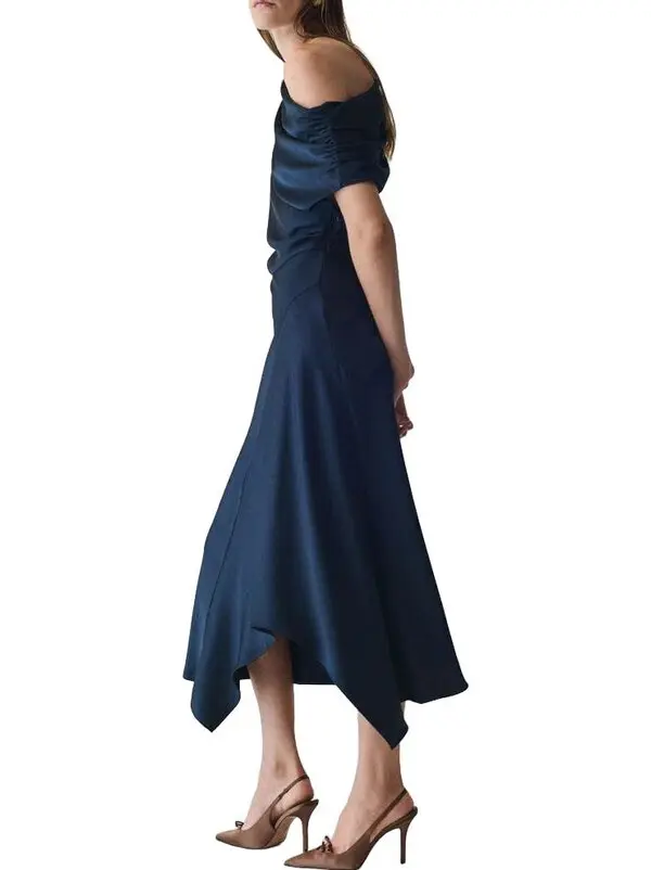 Mango Asymmetrical Satin Midi Dress - Navy