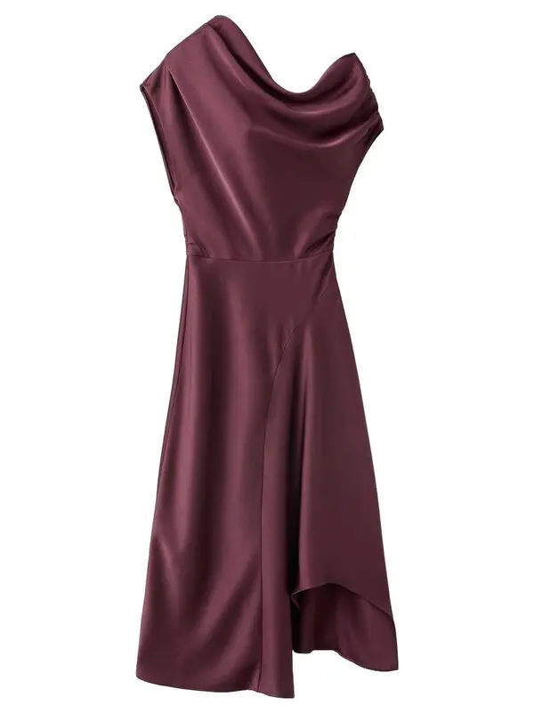 Mango Asymmetrical Satin Midi Dress - Wine