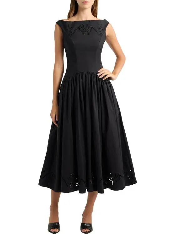 House Of Cb Lauren Embroidered Cotton Blend Midi Dress - Black