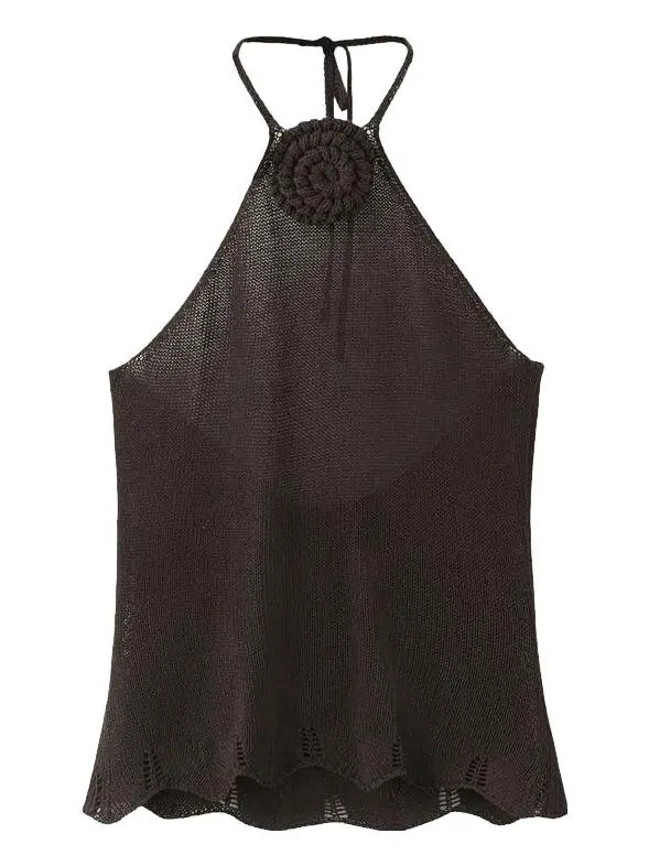 Mango Floral Crocheted Halter Top - Chocolate