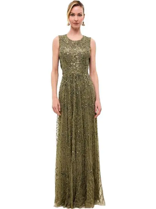 BEAUUT Embellished Sequin Maxi Dress With Satin Bow - Khaki