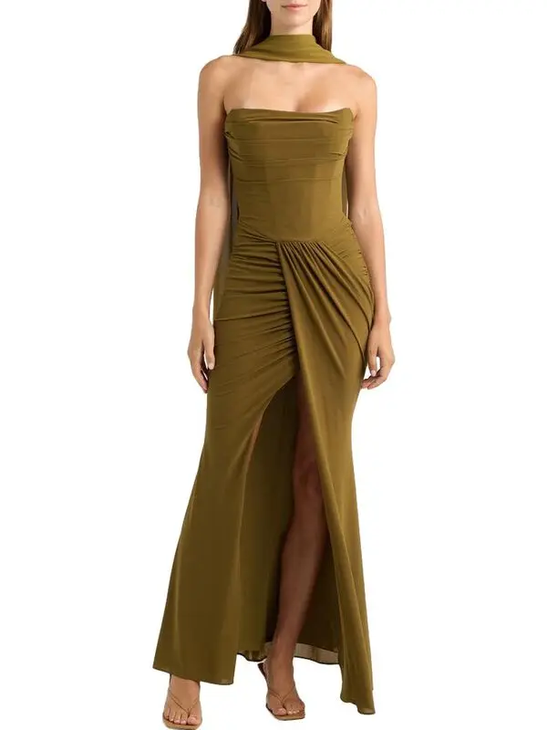 House Of Cb Portia Strapless Crepe Gown With Georgette Scarf - Olive