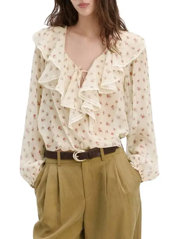 Mango Ruffled Floral Print Blouse With Lace Trim - Yellow