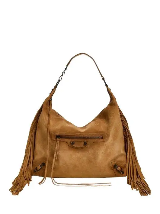 Balenciaga Medium Le City Fringe Suede Hobo Bag - 2533 Camel