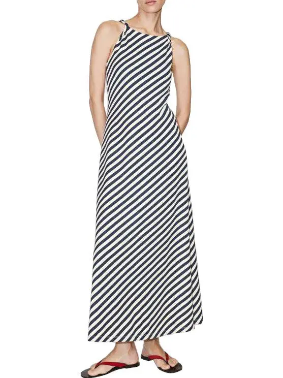 Mango Striped Draped Neck Knit Midi Dress - Navy