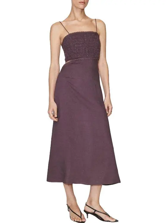 Mango Embroidered Beaded Linen Blend Midi Dress With Lace Trim - Plum