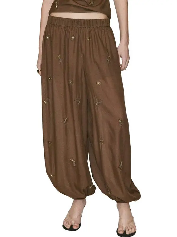 Mango Beaded Embroidered Balloon Pants - Brown