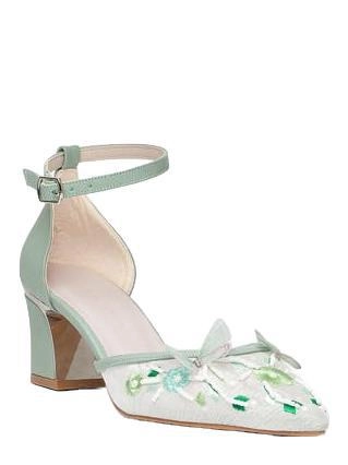 PROLOGUE SHOES Bridal Embellished Pointed Toe Block Heel Pumps - Green