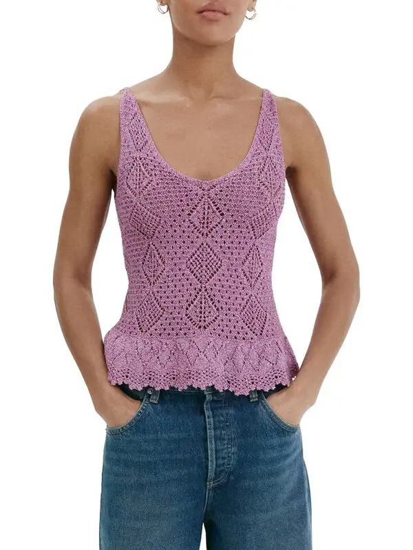 Mango Crochet Metallic V-neck Sleeveless Top - Purple