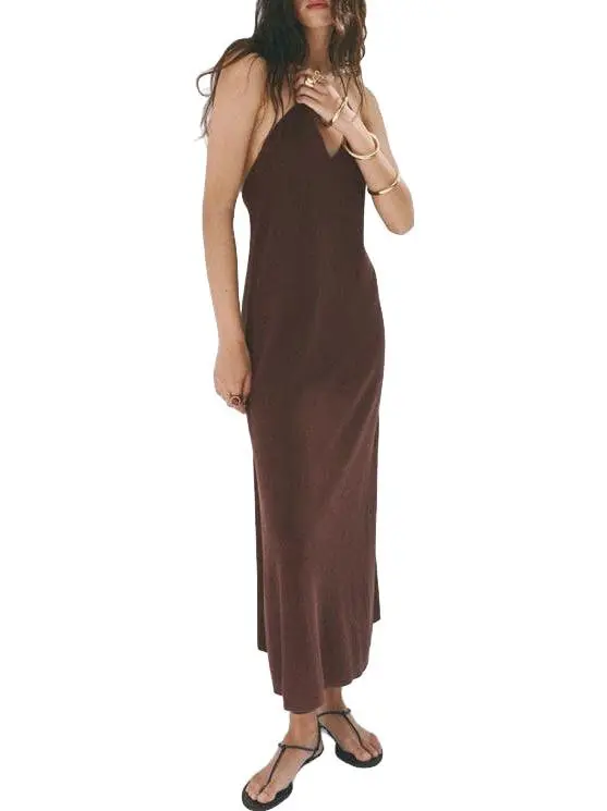 Mango Bead Detail V-neck Knit Maxi Dress - Chocolate