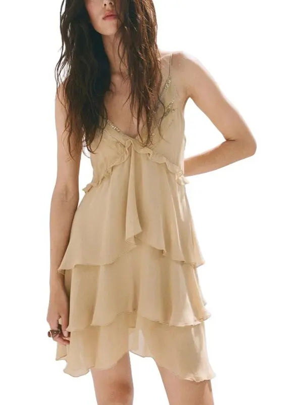 Mango Sleeveless Bead Embellished Ruffled Chiffon Dress - Beige
