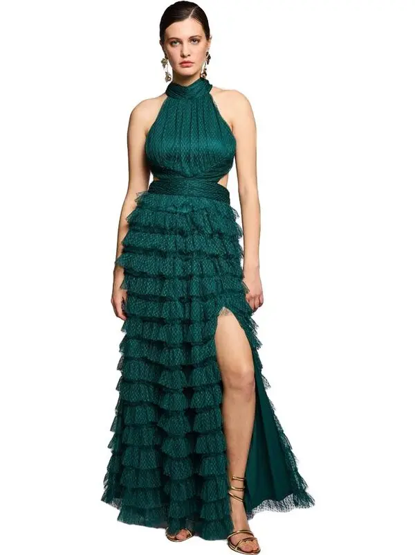 BEAUUT Halterneck Ruffle Maxi Dress With Tiered Skirt - Emerald Green