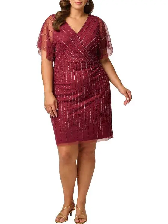 Adrianna Papell Surplice Beaded Mesh Dress - Mahogany
