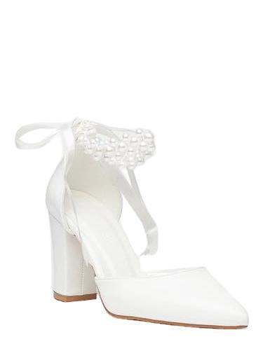 PROLOGUE SHOES Elisa Block Heel Bridal Pumps With Pearl Ankle Strap And Ribbon Ties - Ivory