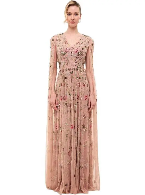 BEAUUT Embellished Sequin Cape Sleeves Maxi Dress - Richmond
