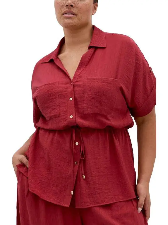 City Chic Aria Button-up Peplum Shirt With Drawstring Waist - Sienna