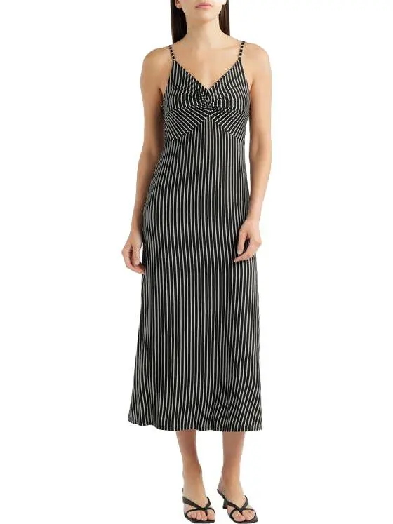 Loveappella Strappy Twist Midi Dress With Vertical Stripes - Black