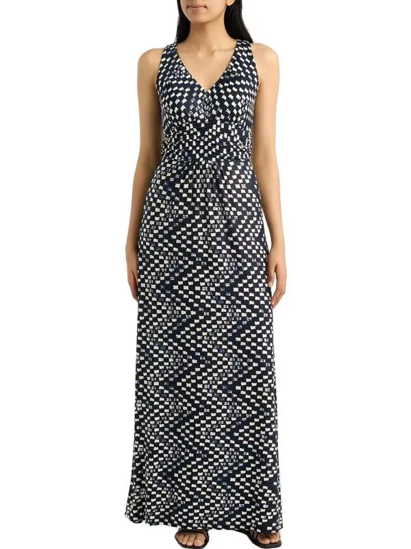 Loveappella Graphic Stripe V-neck Empire Waist Maxi Dress - Black/ivory