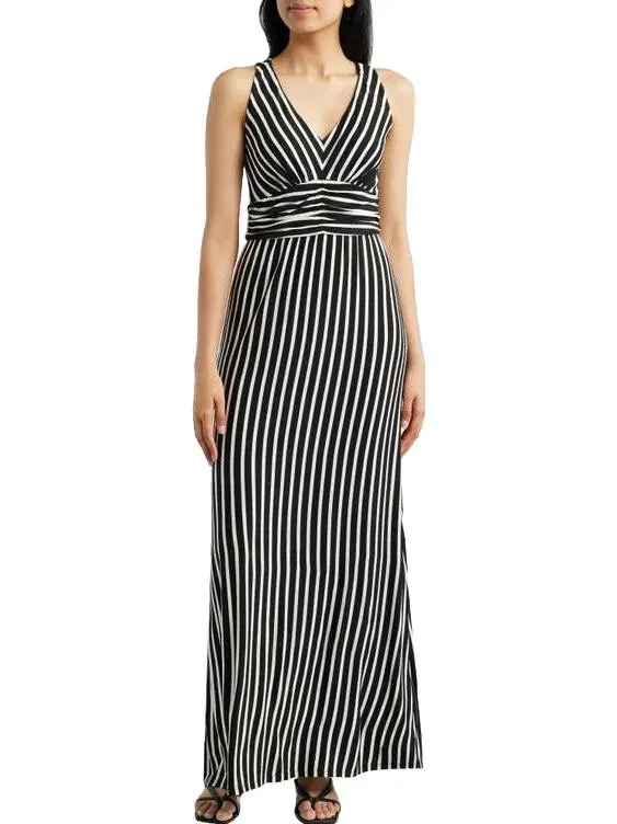 Loveappella Striped V-neck Empire Waist Maxi Dress - Black/ivory