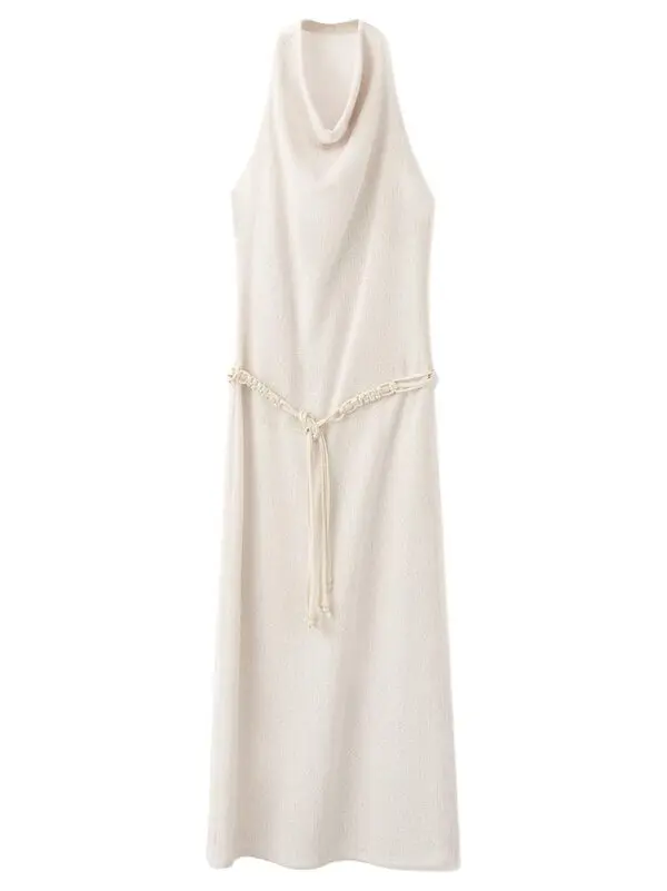 Mango Halter Knit Midi Dress With Beaded Belt - Ecru
