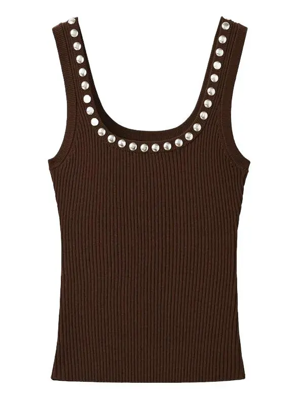 Mango Embellished Ribbed Tank Top - Chocolate