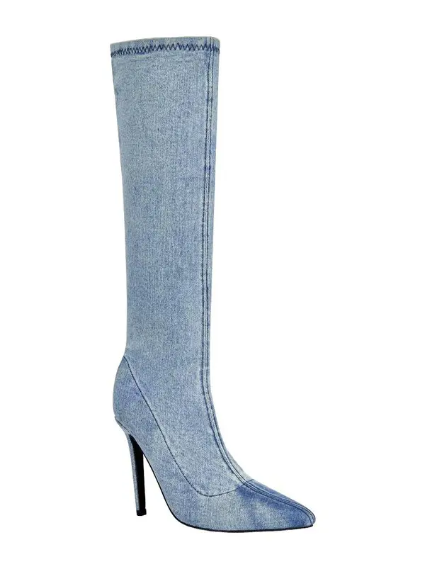 AZALEA WANG Calana Pointed Toe Stiletto Boots - Denim