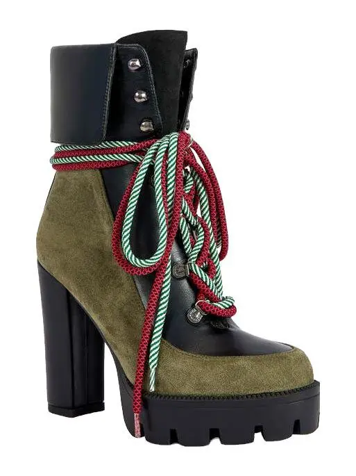 AZALEA WANG Lace-up Block Heel Bootie - Green Multi