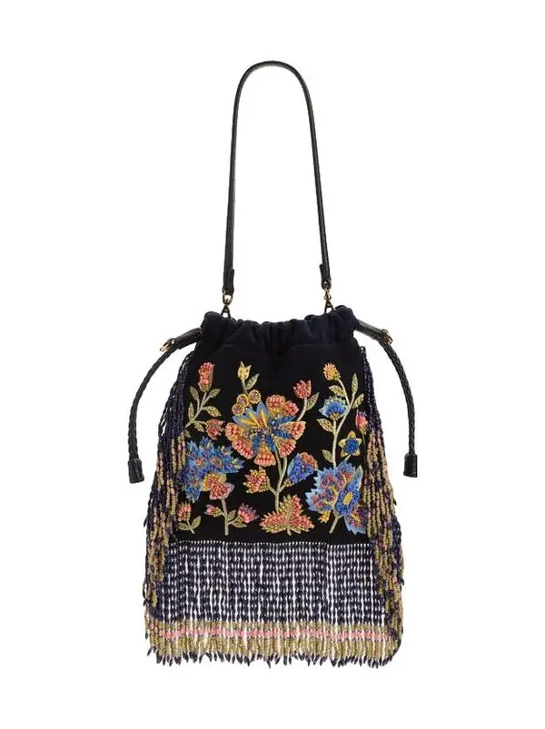 Etro Kalispera Beaded Fringe Suede Shoulder Bag - Blue