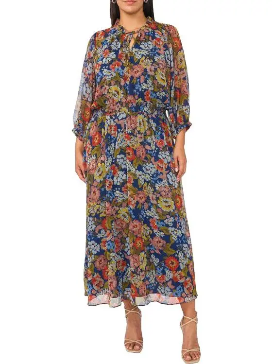 Vince Camuto Floral Tie Neck Maxi Dress - Classic Navy