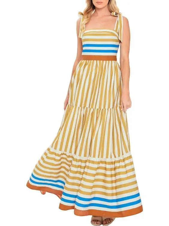 FLYING TOMATO Striped Tiered Cotton Maxi Sundress - Beige/multi