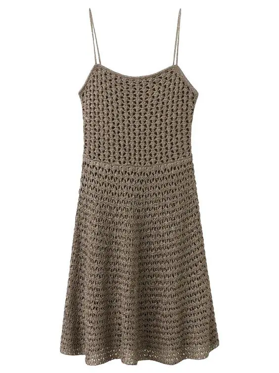 Mango Crocheted Lurex Dress With Square Neck - Brown