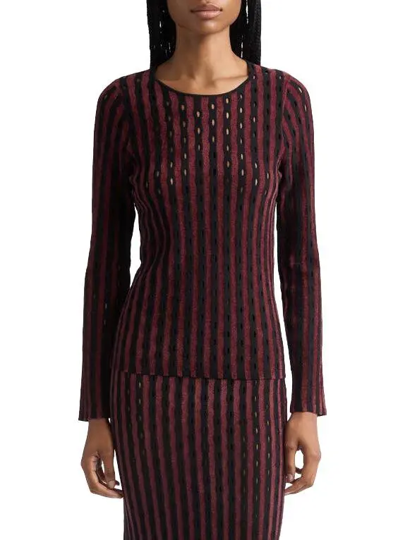 ZANKOV Striped Perforated Crewneck Sweater - Raisin Multi