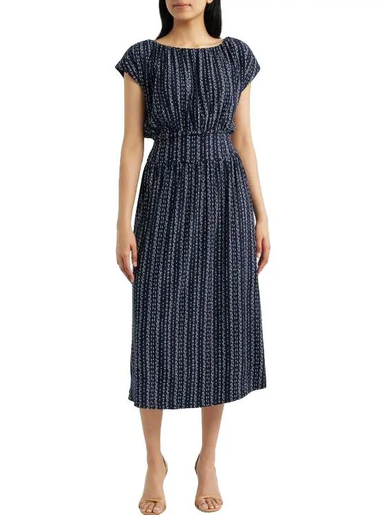 Loveappella Cap Sleeve Smocked Waist Printed Midi Dress - Navy/ivory