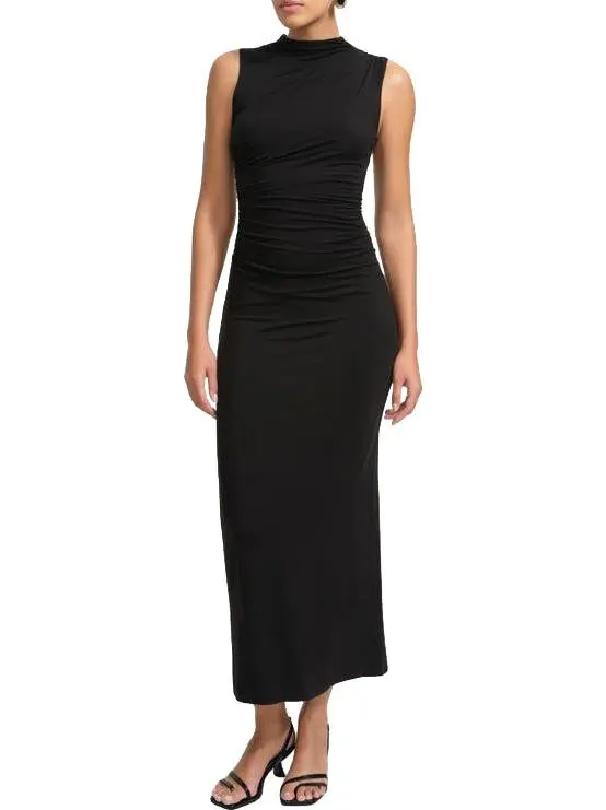 MARCELLA Sleeveless Mock Neck Ruched Maxi Dress - Black