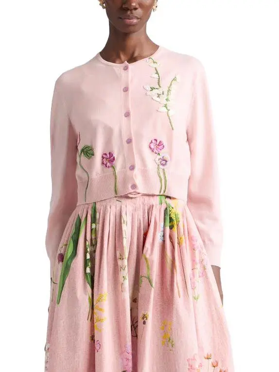 Oscar De La Renta Embroidered Wool Cardigan - Blush
