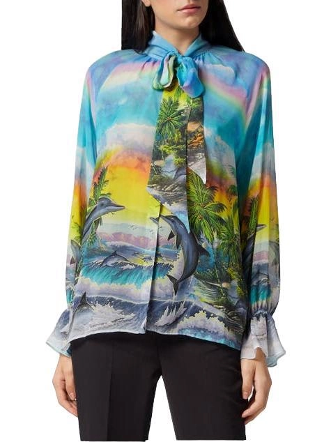 Philipp Plein Silk Chiffon Long Sleeve Shirt With Tropical Print - Turquoise