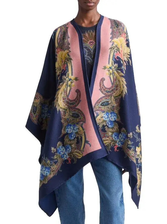 Etro Wool & Modal Cape - Print On Blue Base