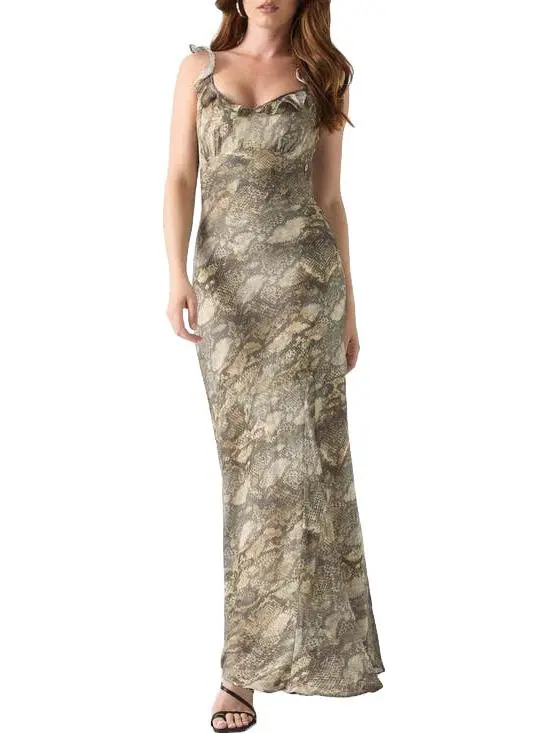 Guess Emy Snake Print Ruffle Maxi Dress - Natural