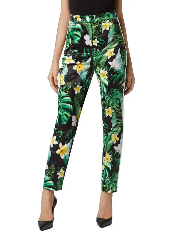 Philipp Plein Duchesse Satin High-waisted Trousers With Tropical Print - Green