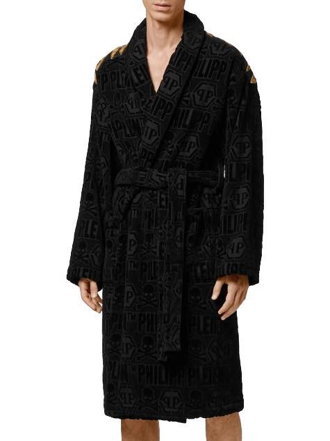 Philipp Plein Terrycloth Robe With Embroidered Eagle Detail - Black/gold