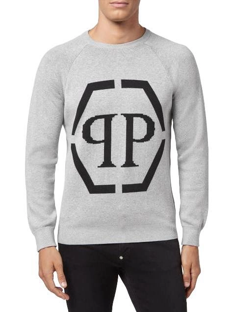 Philipp Plein Round Neck Pullover With Graphic Logo - Grey