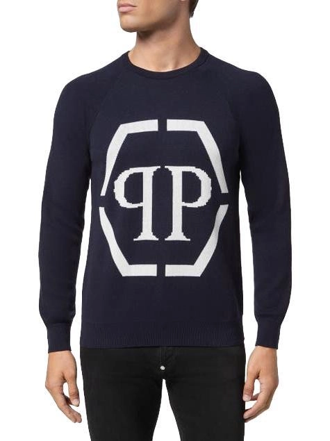 Philipp Plein Round Neck Pullover With Graphic Logo - Navy