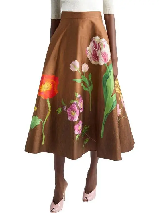 Oscar De La Renta Mixed Botanical Circle Midi Skirt - Brown Multi