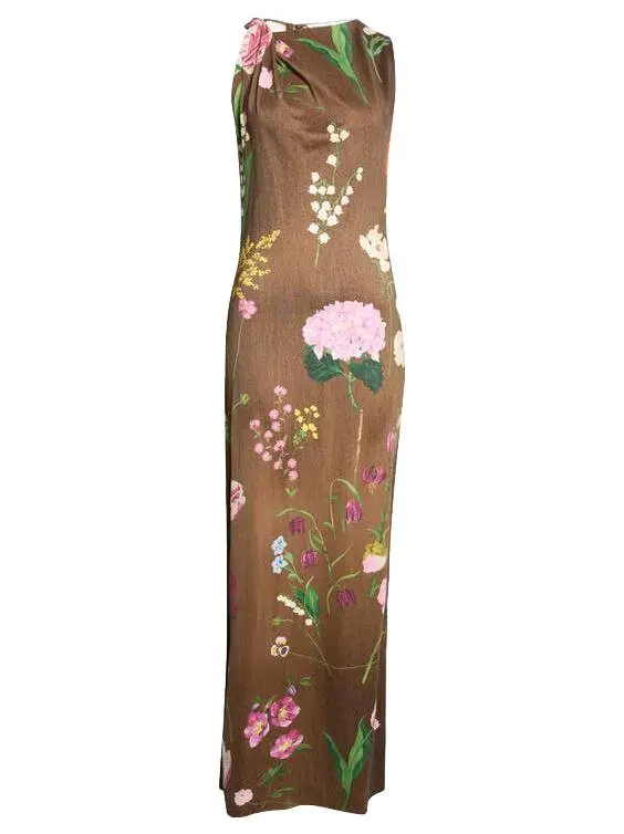 Oscar De La Renta Mixed Botanical Milano Jersey Maxi Dress - Brown Multi