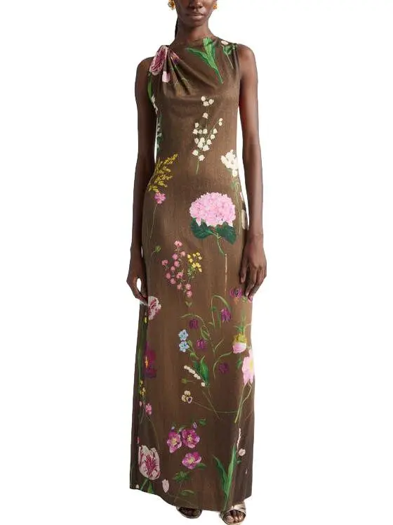 Oscar De La Renta Mixed Botanical Milano Jersey Maxi Dress - Brown Multi