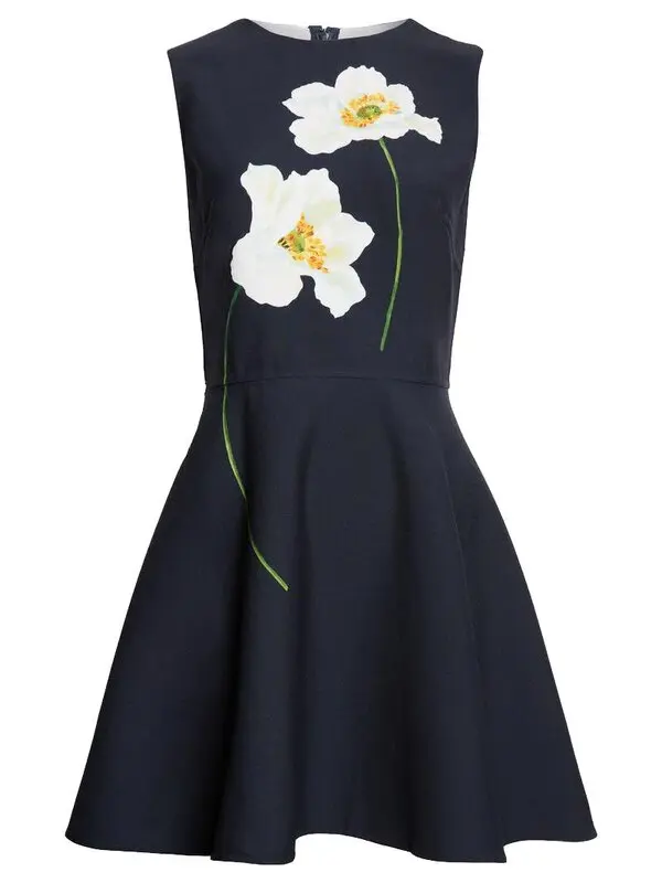 Oscar De La Renta Sleeveless Peony Print Fit & Flare Dress - White/navy