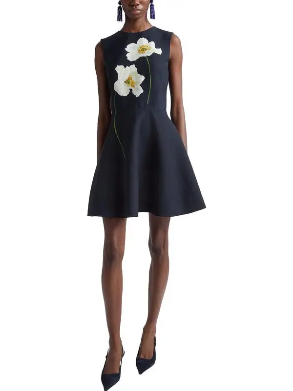 Oscar De La Renta Sleeveless Peony Print Fit & Flare Dress - White/navy