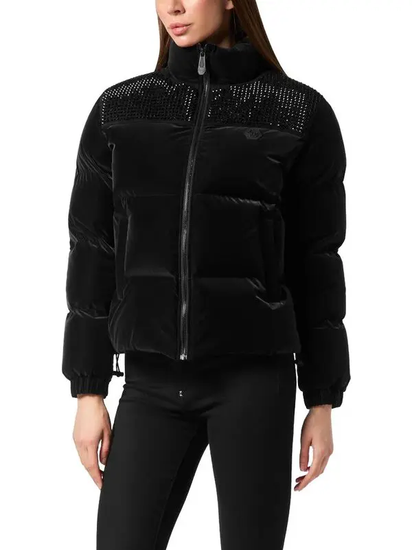 Philipp Plein Nylon And Suede Puffer Jacket With Rhinestone Embellishments - Black